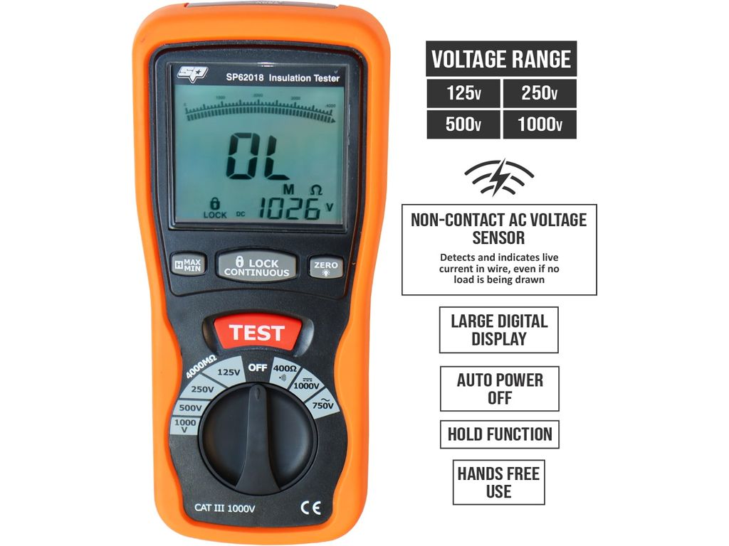 Testeur d'isolation 125V, 250V, 500V, 1000V, Megohmmètre SP Tools ...